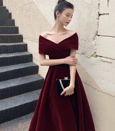 Burgundy Velvet Long Prom Dress Beautiful V Neck Off Shoulder Evening