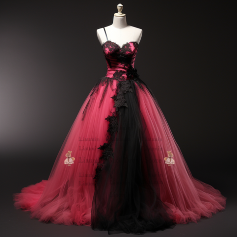 Rose Red and Black Lace Applique Strapless Ball Gown Lace Up Full Length Evening Formal Party ...