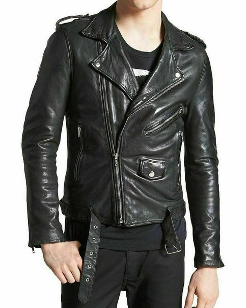 New Men's Genuine Lambskin Leather Jacket Black Slim Fit Biker Motorcycle Belted on Storenvy