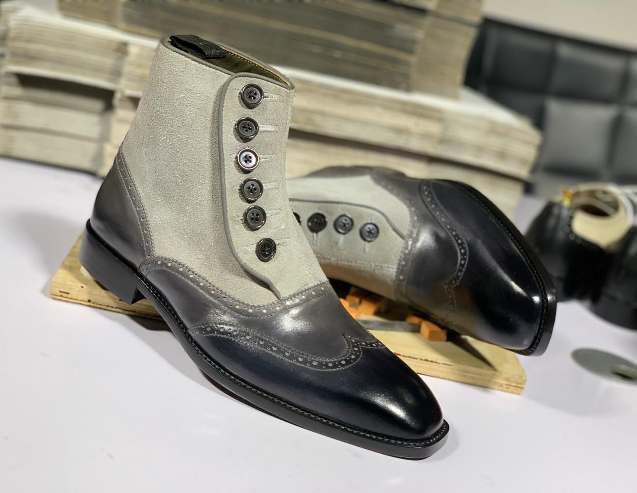Ankle High Handmade Two Tone Button Top Boots, Men's Wing Tip Style ...