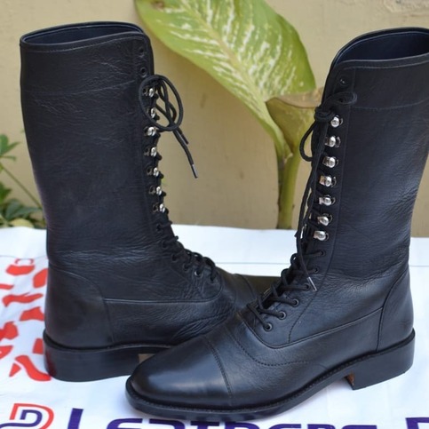 Military Style Black Genuine Leather Long Ankle High Lace up Army Boot ...