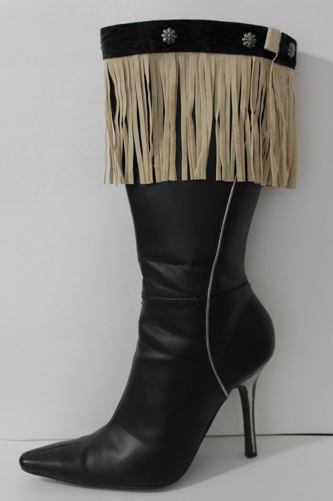 Western Women Winter Boot Toppers Beige Fabric Long Fringe Knee High ...