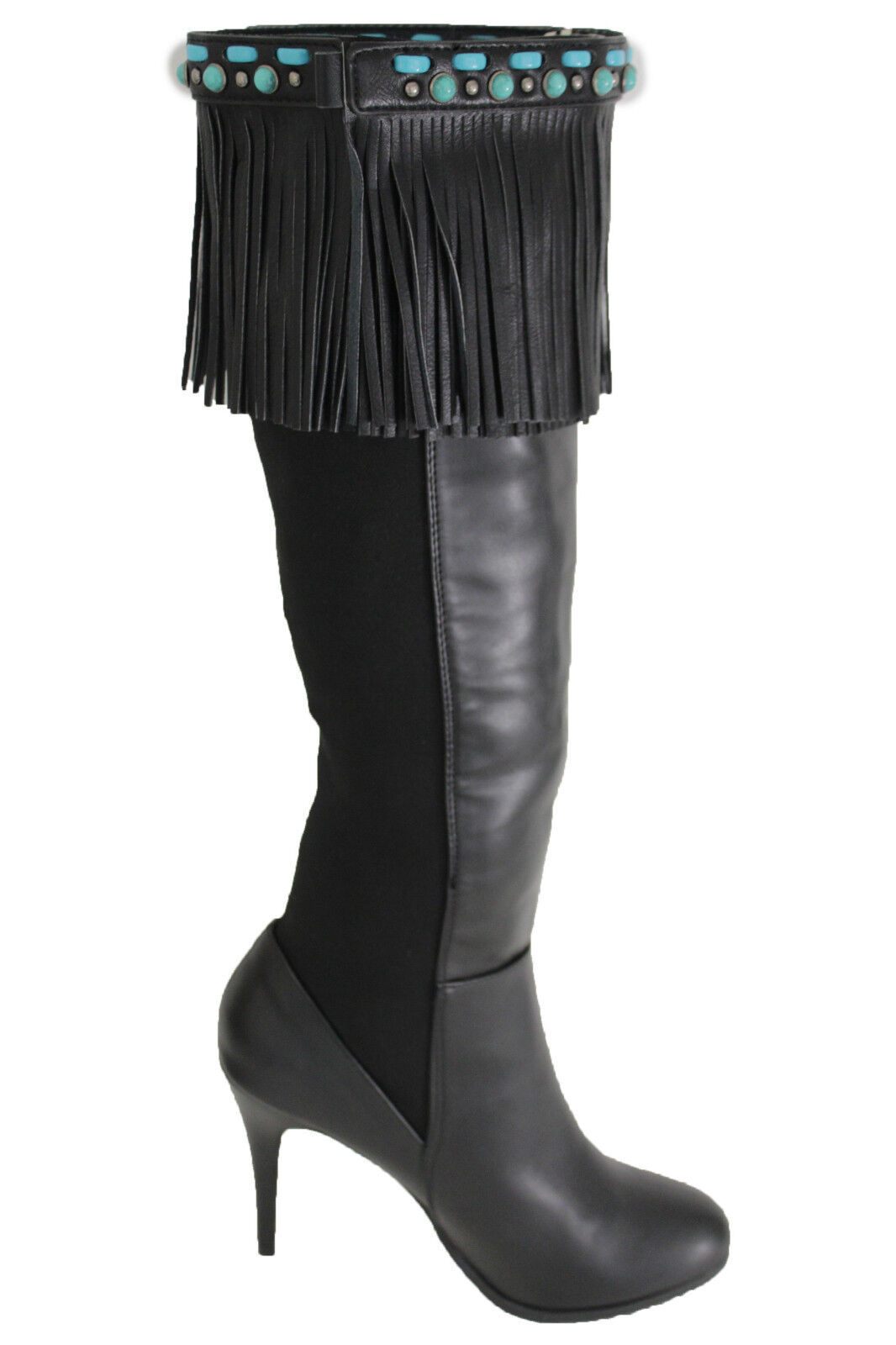 Western Women Winter Boot Toppers Black Leather Fringe Knee Turquoise ...