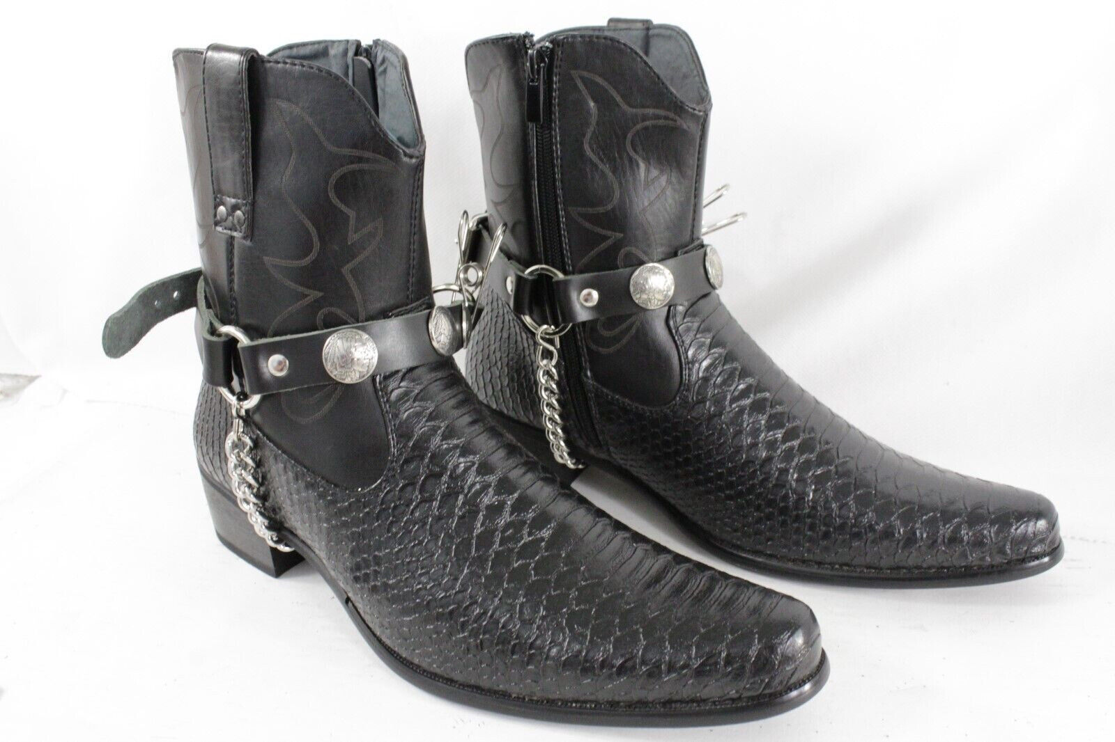 Men Biker Boots Chain Pair Black Faux Leather Strap Indian Native ...