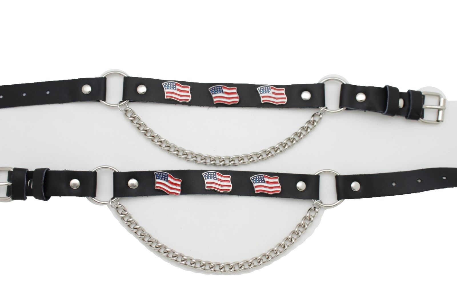 Men Biker Silver Boots Chains Straps Pair Black Leather American Flag ...