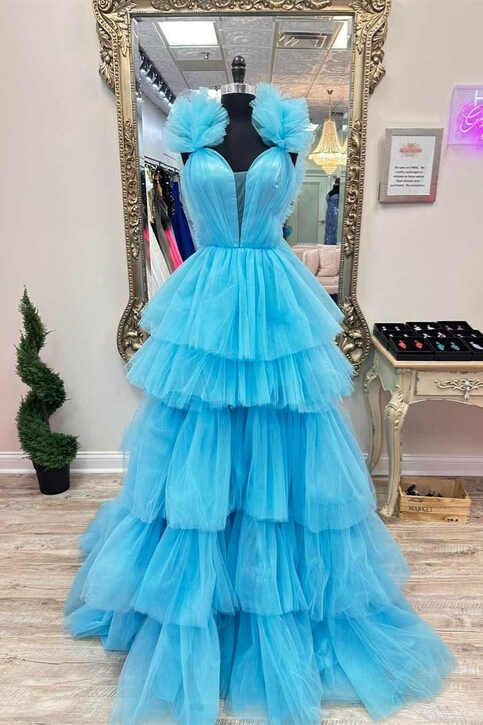 Ruffled Straps Light Blue Layered Tulle Prom Dress on Storenvy