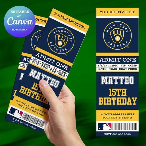 Milwaukee Brewers Birthday Ticket Invitation Canva Editable and ...