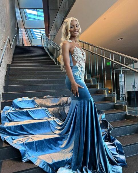Baby Blue Mermaid Lace Afrcian Prom Dress Evening Dress,1745 on Storenvy