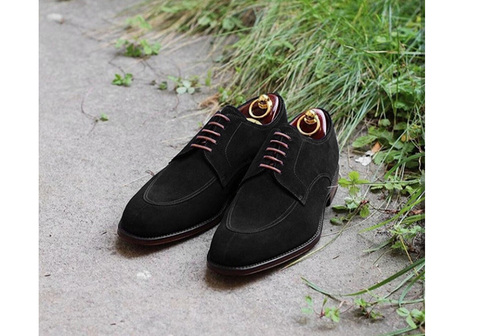 Genuine Suede Leather Black Color Apron Toe Men Oxford Lace Up Handmade ...