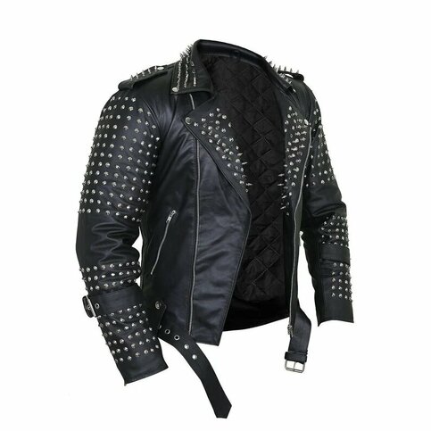 Black Steam Punk Spikes Decor shoulders, Silver Studded Men Jacket on ...