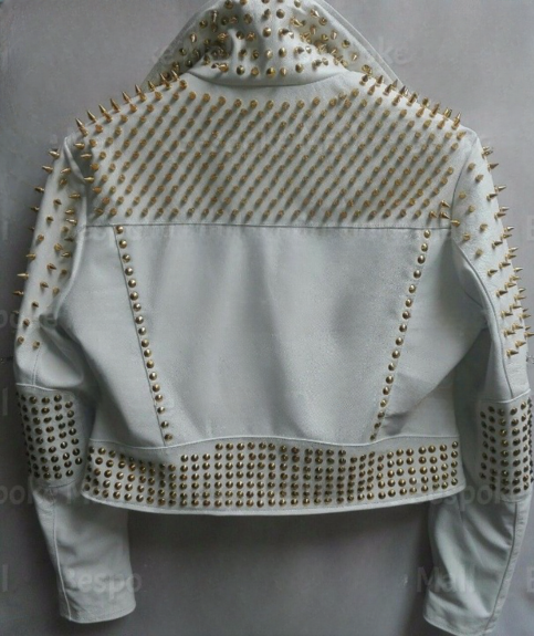 Woman's White Brando Style Golden Spiked Studded Biker Leather Jacket ...
