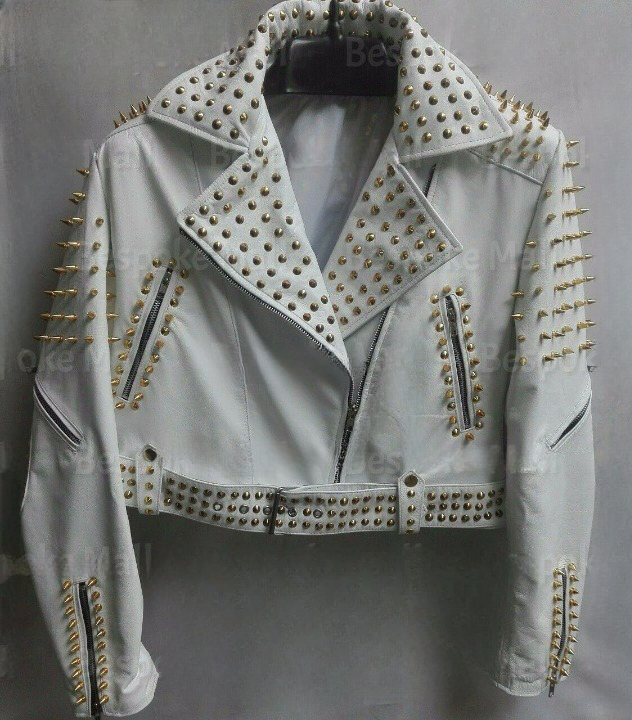 Woman's White Brando Style Golden Spiked Studded Biker Leather Jacket ...
