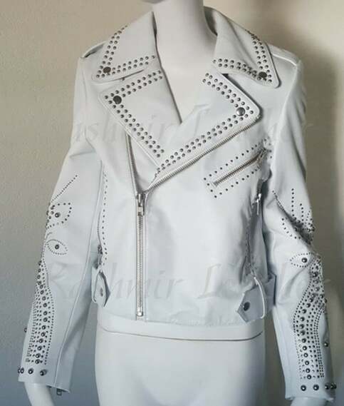 New women's white punk Brando leather jacket silver metal studs edgy ...
