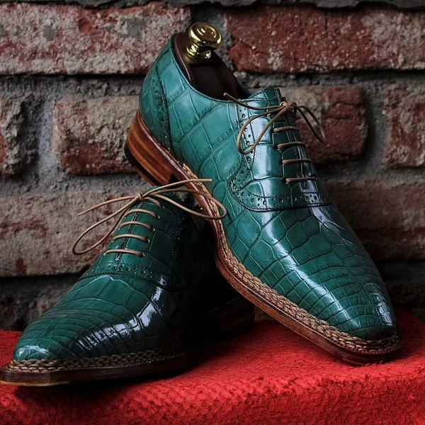 Handmade Men Green Patina Crocodile/Alligator Leather Norwegian Welted ...