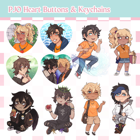 [DISCONTINUED] Percy Jackson Acrylic Keychains and Pin Badges on Storenvy