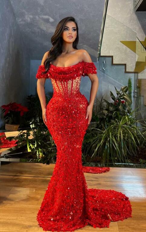 Glamorous Prom Dresses Mermaid Strapless Off the Shoulder Big Shining ...