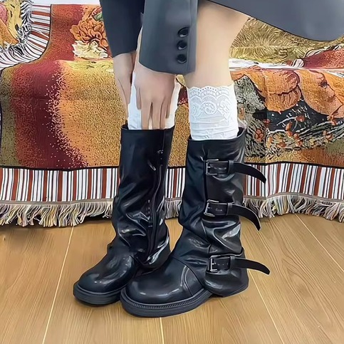Cowhide belt buckle pile boots new style distressed pleated mid-calf ...