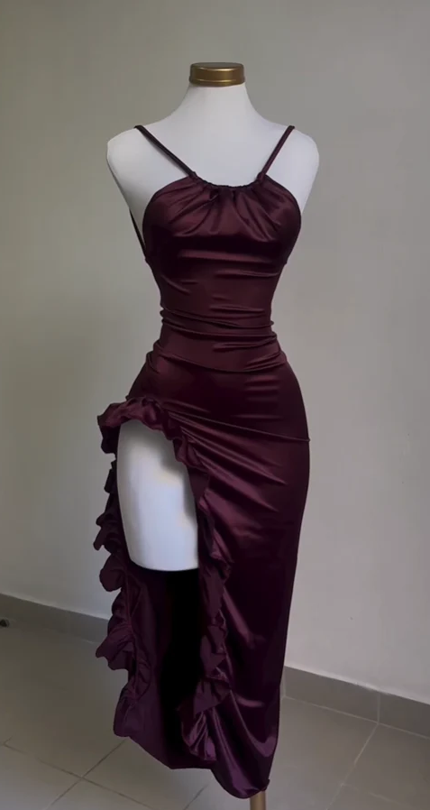 Sexy Burgundy Sheath Prom Dress Back Open Asymmetrical Wedding Guest ...