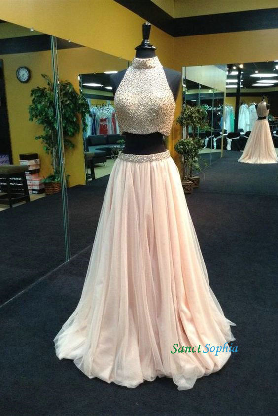 Two Pieces Blush Tulle Prom Dress,Beaded 2 Pieces Blush Graduation ...