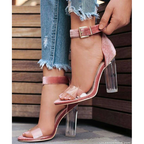 Transparent Chunky Heel Peep-toe Ankle Strap High Heel Pumps Sandals Q ...