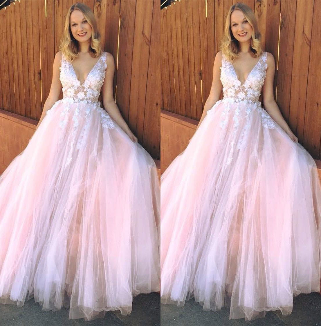 Tulle Deep V Neck Pink Wedding Dresses with Appliques on Storenvy