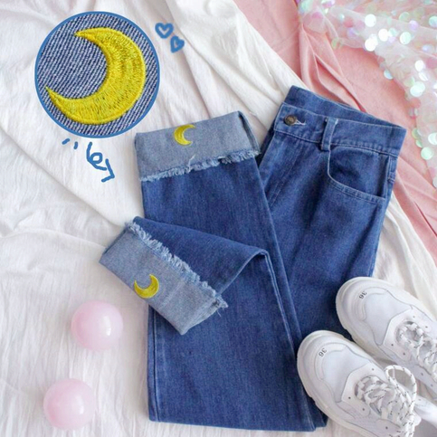 Flanged Moon Embroidery Jeans on Storenvy