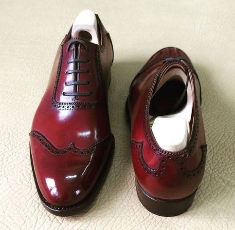 Oxford Two Tone Shiny Maroon Red Wing Tip Plain Rounded Toe Leather ...