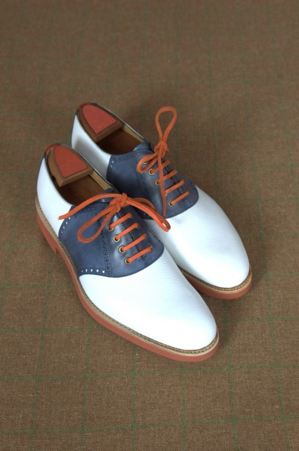 Handmade men two tone shoes, blue and white moccasin shoes, dress shoes ...