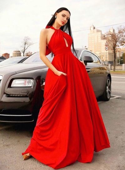 Charming A Line Halter Keyhole Open Back Red Chiffon Long Prom Dresses ...