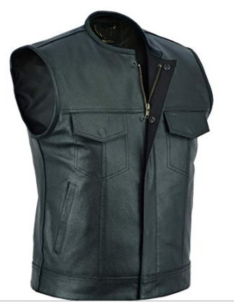 Men's Collarless Leather Vest Motorcycle Biker Club Concealed Carry ...