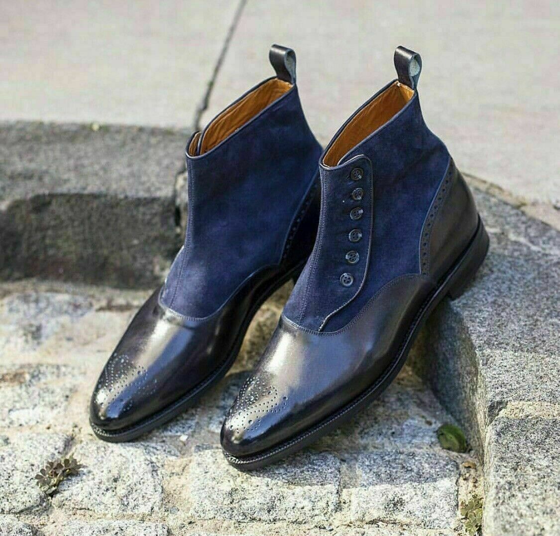 Black Leather and Blue Suede Button | Pure Handmade Boots for Men's on ...