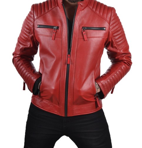 Men's Stylish Genuine Lambskin Bomber Biker Moto Leather Jacket Red on ...