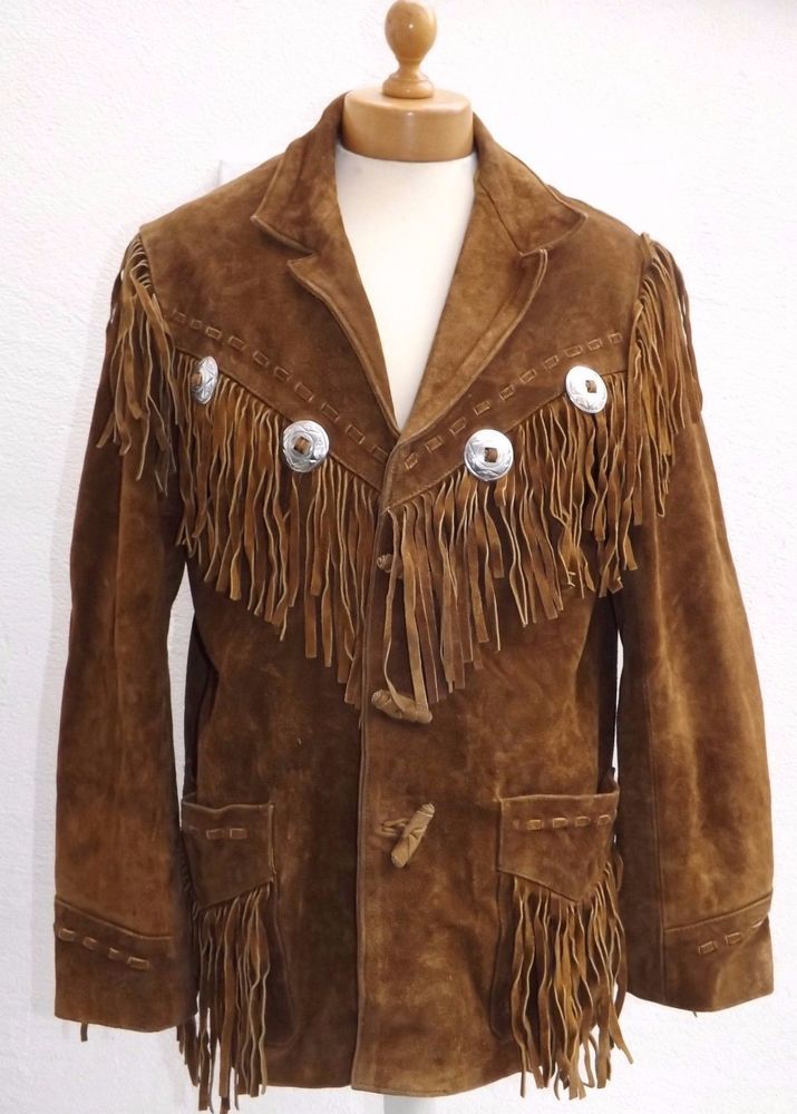 Western Style Men's Brown Suede Leather Fringe Mountain Man Jacket ...