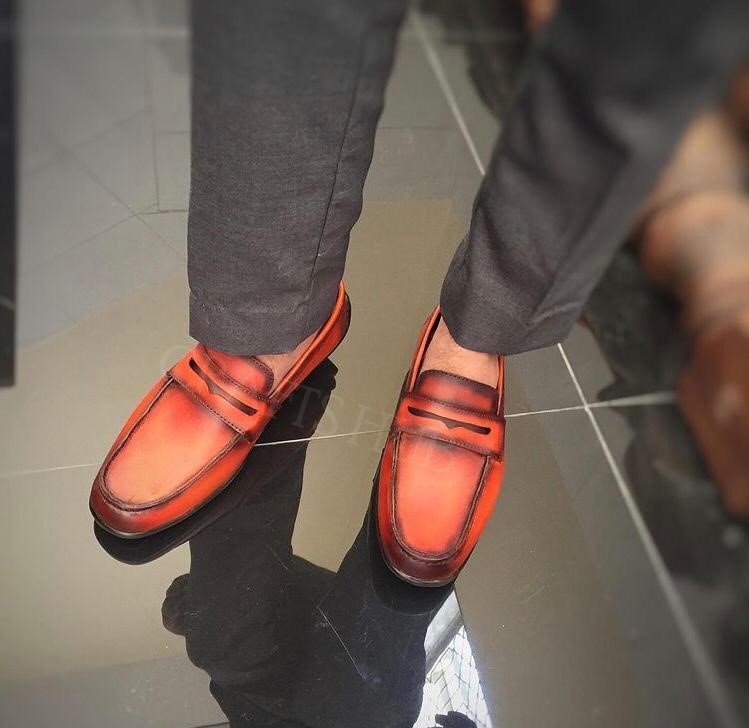 Handmade Men's Genuine Tan Leather Hand Burnish Penny Loafers Men's ...