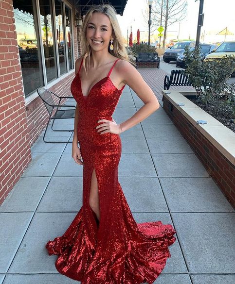 Charming Memraid V Neck Red Sequins Long Prom Dress with Slit on Storenvy