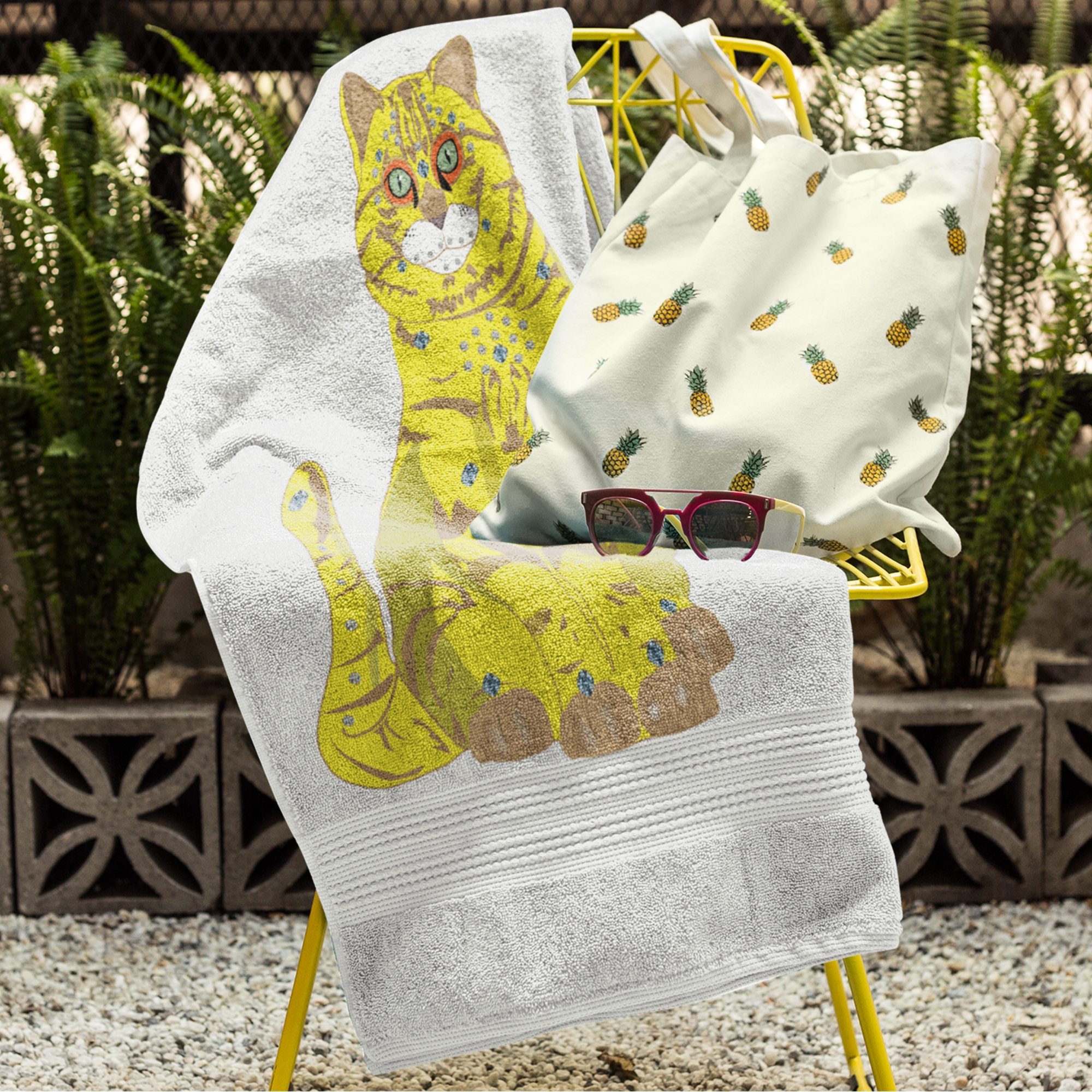 65 MCMLXV ABBA Inspired Bejeweled Yellow 70s Disco Cat Print Towel on ...