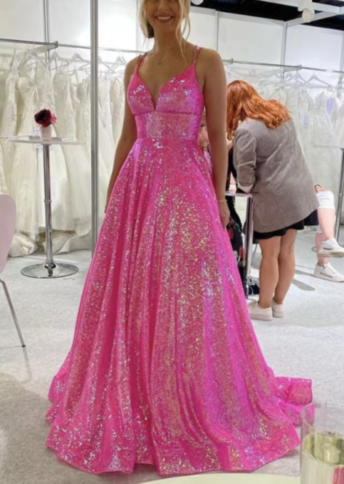 Fuchsia Prom Dresses Criss Cross Back,Hot PinK Sequin Prom Dress,1368 ...